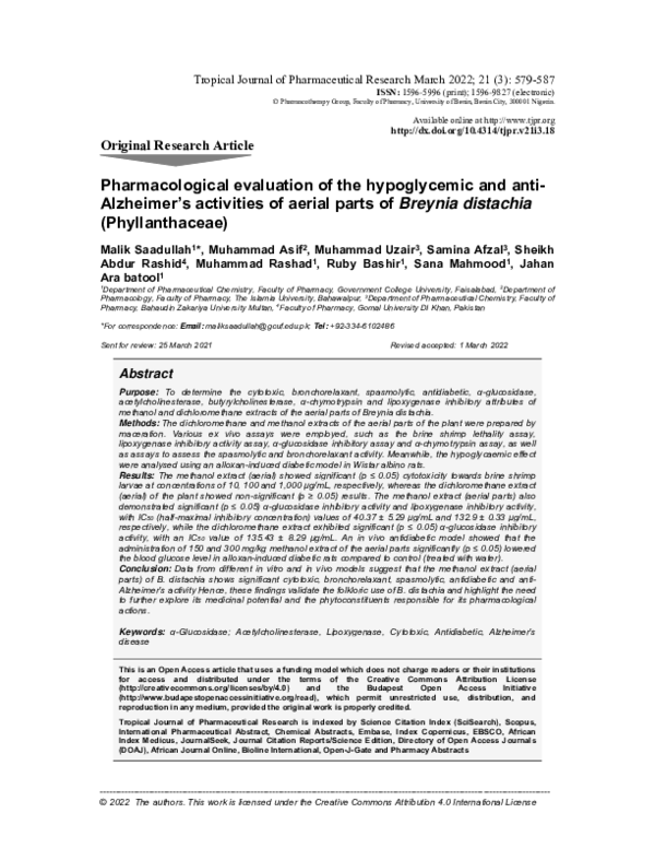 Pharmacological evaluation of the hypoglycemic and anti- Alzheimer’s ...
