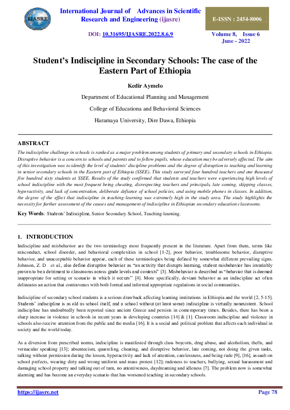(PDF) Students Indiscipline in Secondary Schools: The Case of the ...