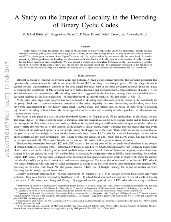 (PDF) A study on the impact of locality in the decoding of binary cyclic codes