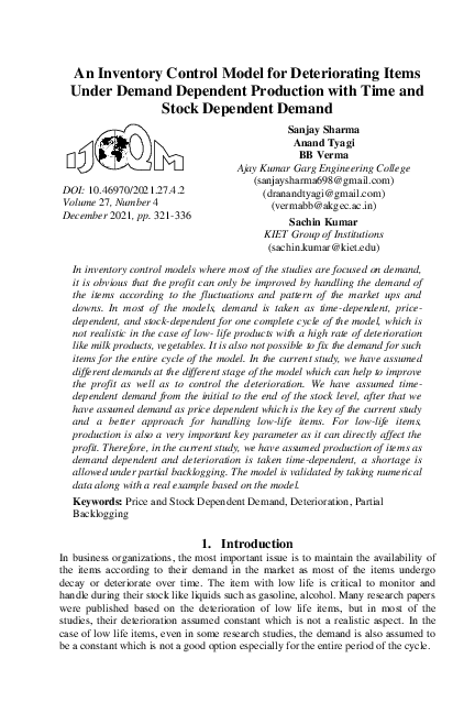 Pdf An Inventory Control Model For Deteriorating Items Under Demand Dependent Production With