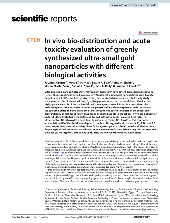 (PDF) In vivo bio-distribution and acute toxicity evaluation of greenly ...