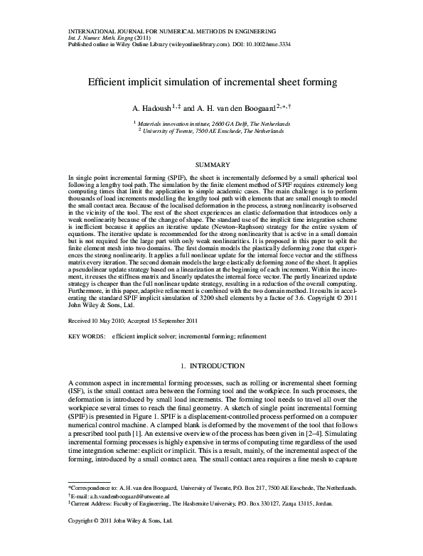 (PDF) Efficient implicit simulation of incremental sheet forming | ashraf hadoush - Academia.edu