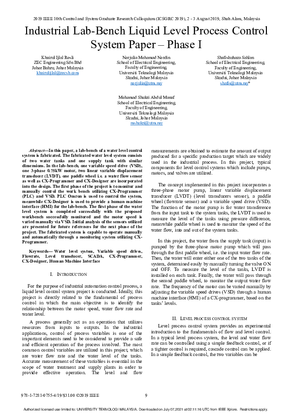 (PDF) Industrial Lab-Bench Liquid Level Process Control System Paper ...