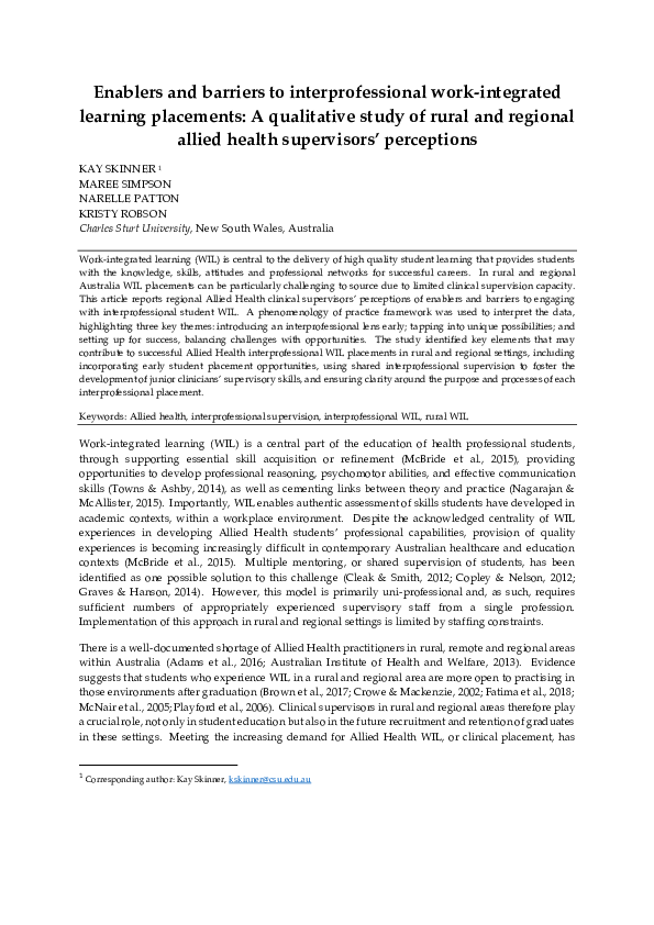 (PDF) Enablers and Barriers to Interprofessional Work-Integrated Learning Placements: A ...