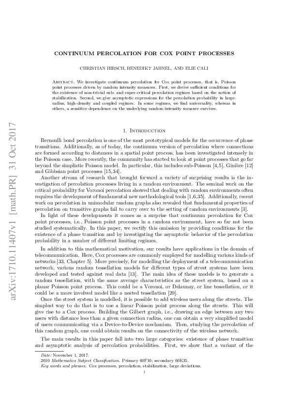 (PDF) Continuum percolation for Cox point processes | Elie Cali ...