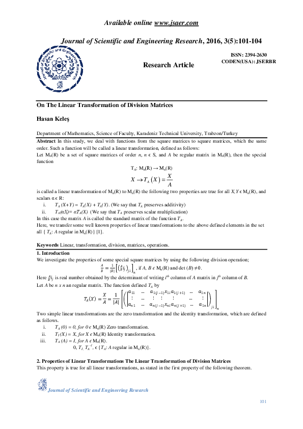 (PDF) On The Linear Transformation of Division Matrices