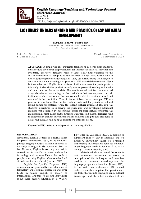 (PDF) Lecturers’ Understanding and Practice of Esp Material Development