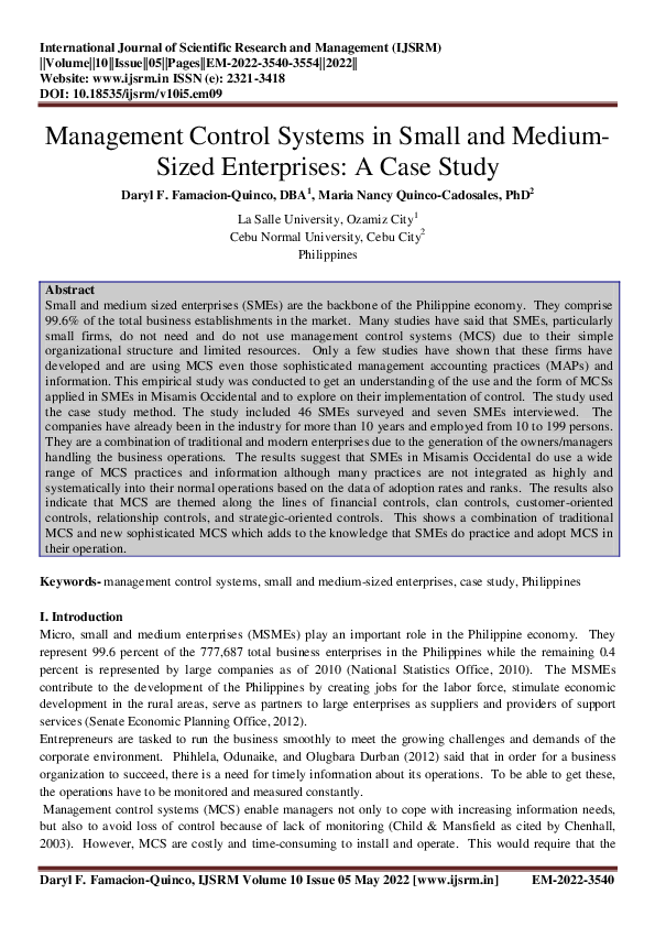 (PDF) Management Control Systems in Small and Medium-Sized Enterprises ...