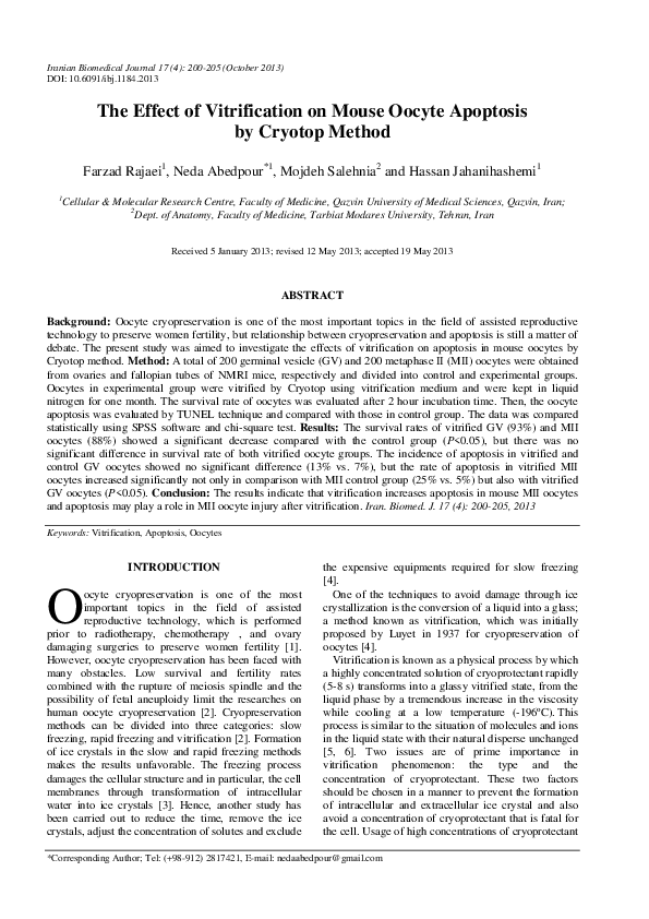 (PDF) The effect of vitrification on mouse oocyte apoptosis by cryotop ...