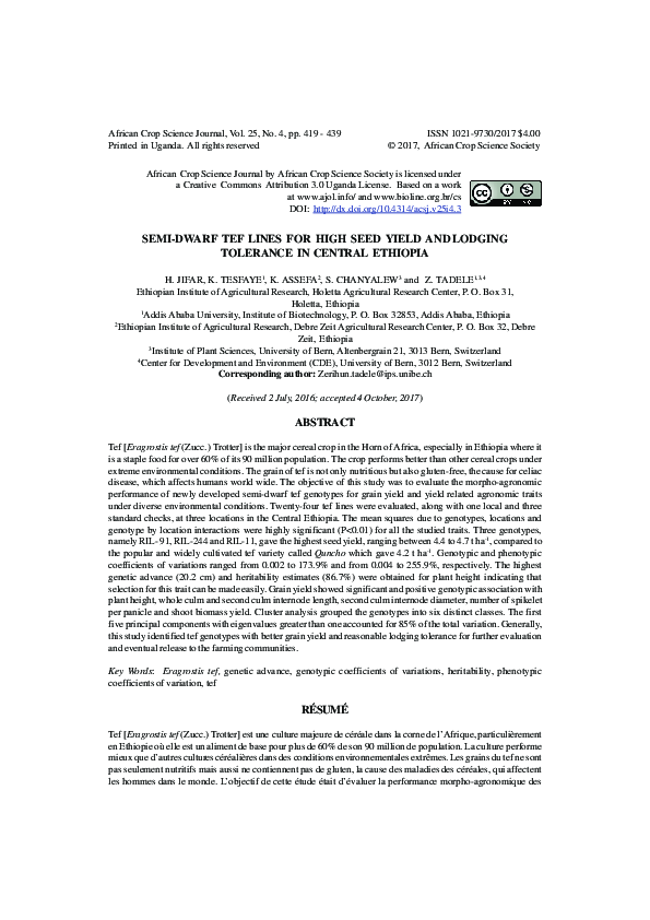 (PDF) Semi-dwarf tef lines for high seed yield and lodging tolerance in Central Ethiopia ...