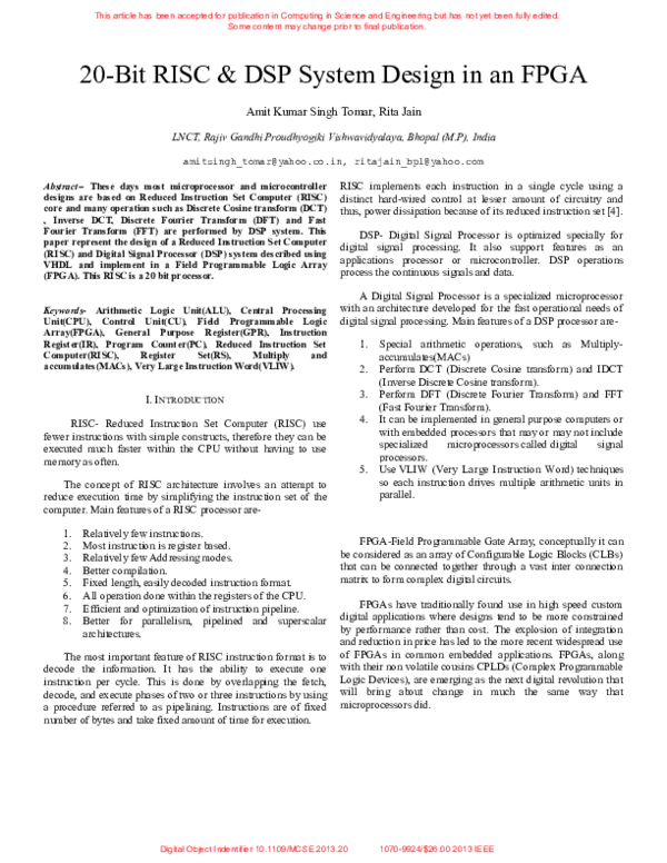 (PDF) 20-Bit RISC and DSP System Design in an FPGA | rita jain - Academia.edu