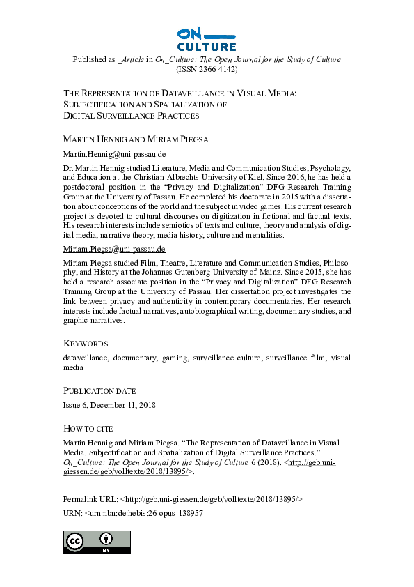 (PDF) The Representation of Dataveillance in Visual Media: Subjectification and Spatialization ...