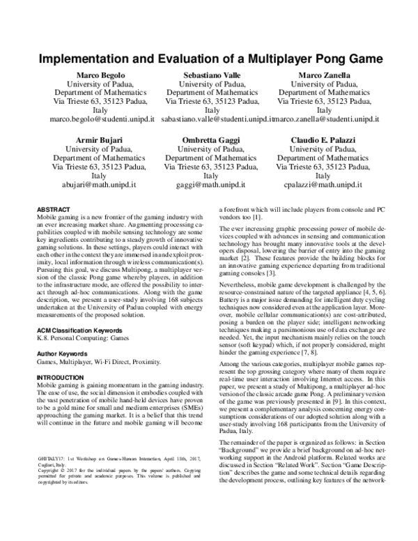 Pdf Implementation And Evaluation Of A Multiplayer Pong Game 