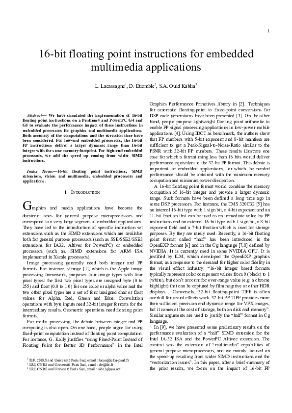 (PDF) 16-bit Floating Point Instructions for Embedded Multimedia Applications