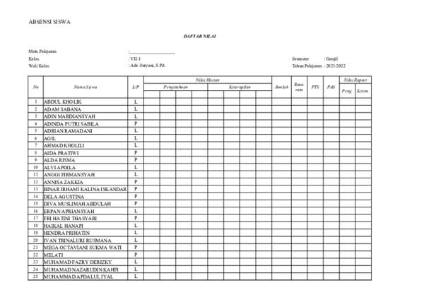 (XLS) ABSENSI SISWA NELSADA 2021 2022 FIX | Handriyani 93 - Academia.edu