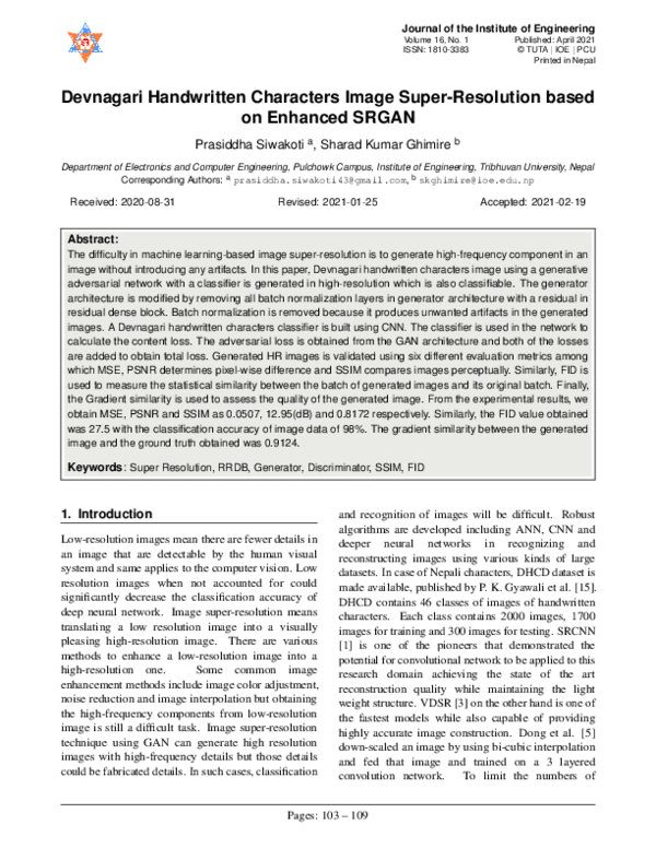 (PDF) Devnagari Handwritten Characters Image Super-Resolution based on Enhanced SRGAN
