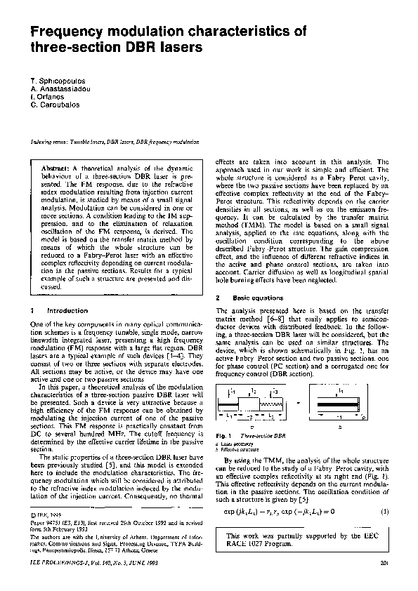 (PDF) Frequency modulation characteristics of three-section DBR lasers