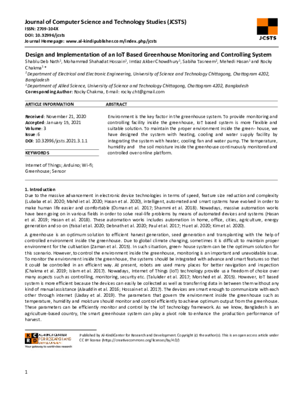 Pdf Design And Implementation Of An Iot Based Greenhouse Monitoring And Controlling System