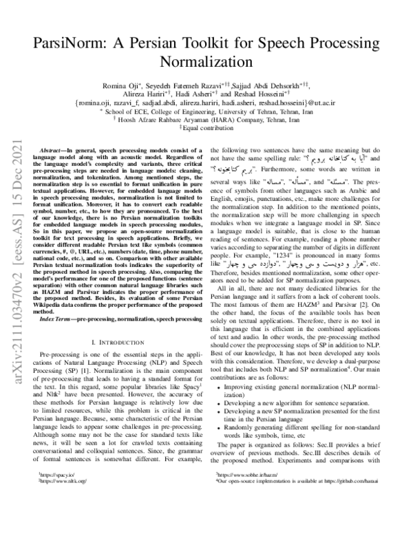 (PDF) PerSpeechNorm: A Persian Toolkit for Speech Processing Normalization