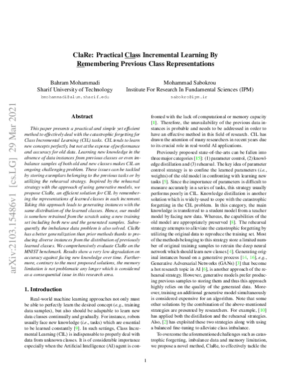(PDF) ClaRe: Practical Class Incremental Learning By Remembering Previous Class Representations