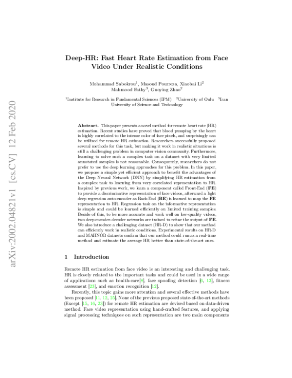 (PDF) Deep-HR: Fast heart rate estimation from face video under realistic conditions