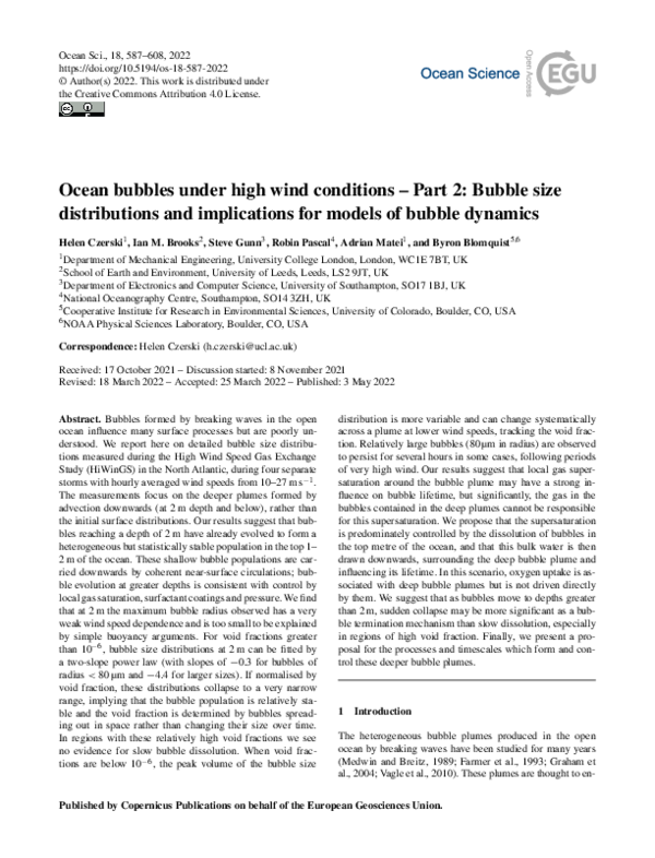 (PDF) Ocean bubbles under high wind conditions. Part 2: Bubble size distributions and ...