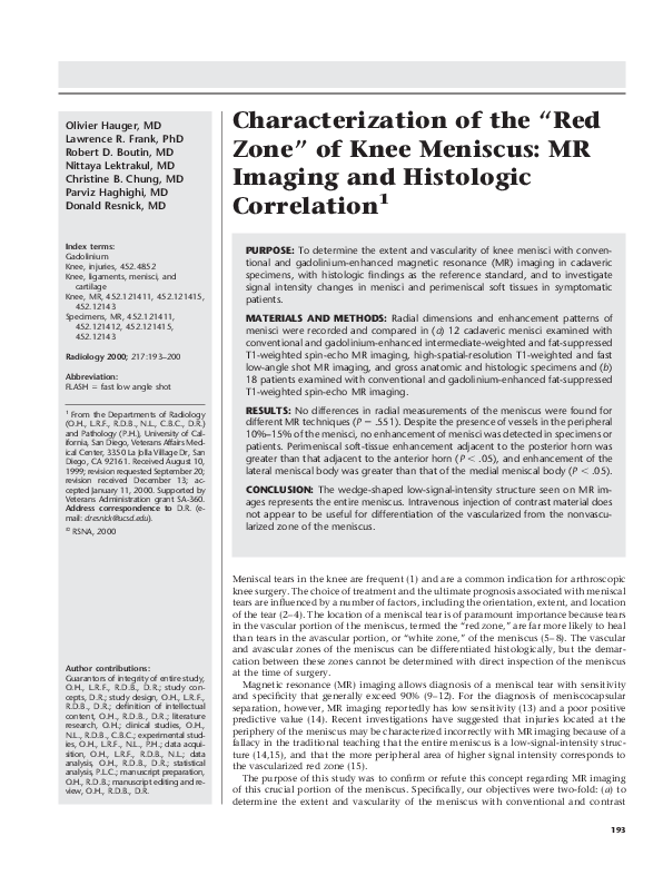 (PDF) Characterization of the “Red Zone” of Knee Meniscus: MR Imaging ...
