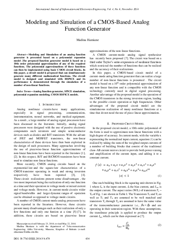 (PDF) Modeling and Simulation of a CMOS-Based Analog Function Generator