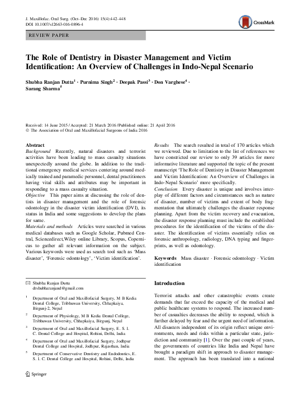 (PDF) The Role of Dentistry in Disaster Management and Victim ...