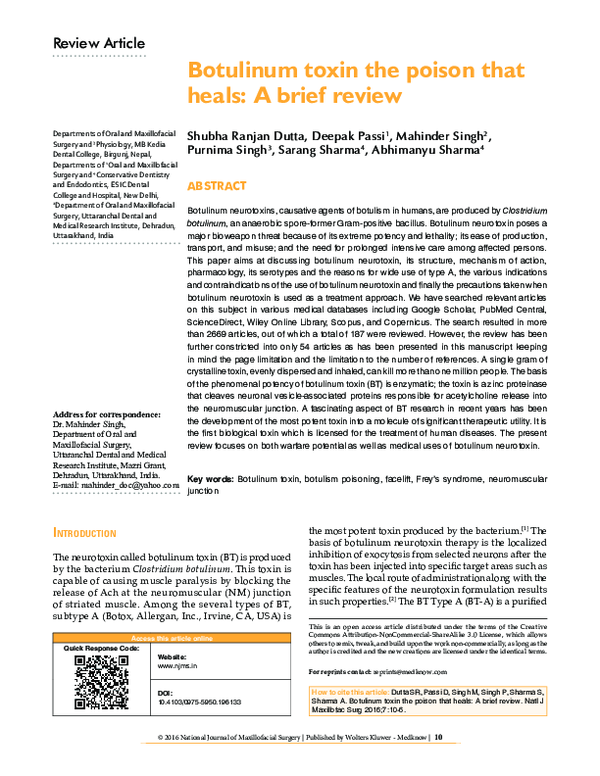 (PDF) Botulinum toxin the poison that heals: A brief review