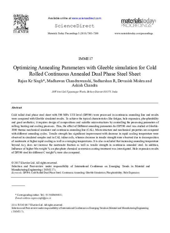 Pdf Optimizing Annealing Parameters With Gleeble Simulation For Cold Rolled Continuous