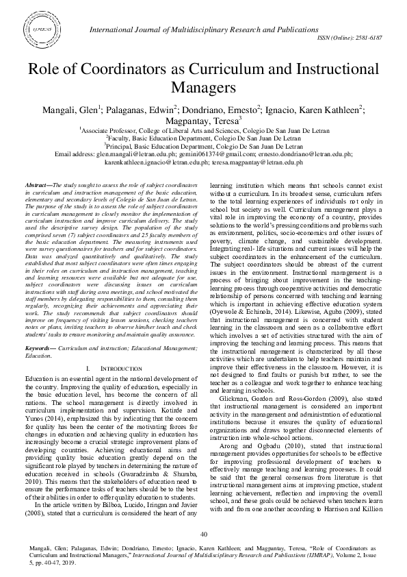 (PDF) Role of Coordinators as Curriculum and Instructional Managers