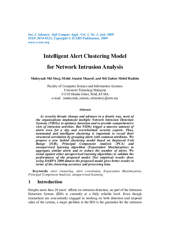 (PDF) Intelligent alert clustering model for network intrusion analysis