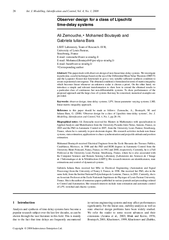 (PDF) Observer design for a class of Lipschitz time-delay systems