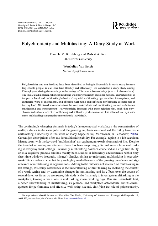 (PDF) Polychronicity and Multitasking: A Diary Study at Work