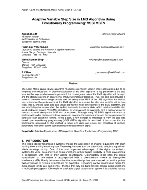 Pdf Adaptive Variable Step Size In Lms Algorithm Using Evolutionary Programming Vsslmsev