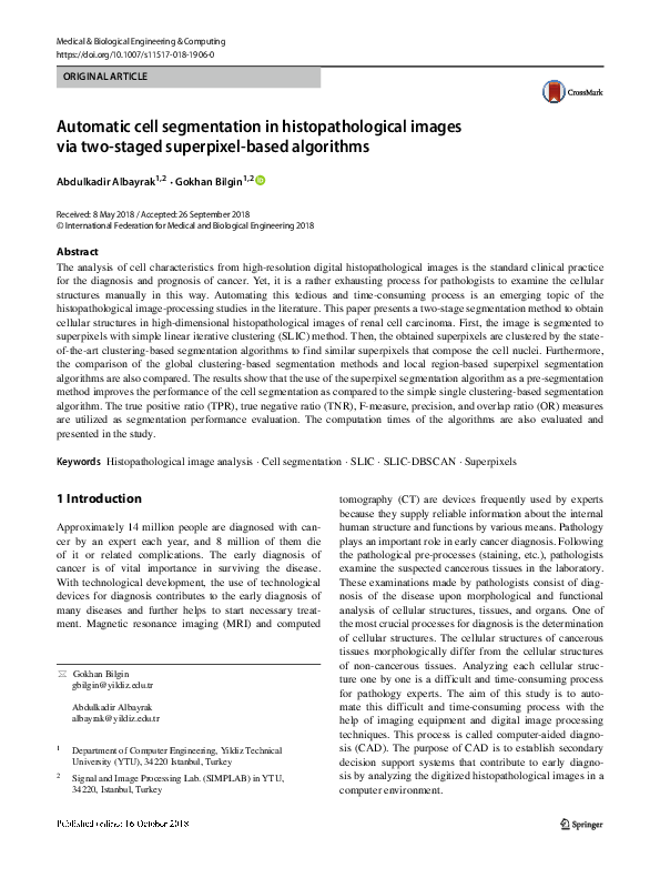 (PDF) Automatic cell segmentation in histopathological images via two-staged superpixel-based ...