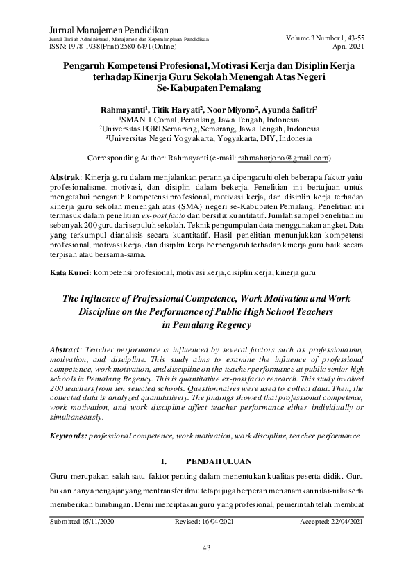 (PDF) Pengaruh Kompetensi Profesional, Motivasi Kerja dan Disiplin Kerja terhadap Kinerja Guru ...