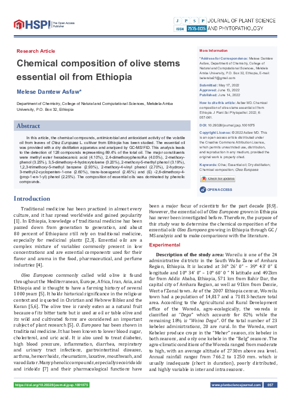 (PDF) Chemical composition of olive stems essential oil from Ethiopia
