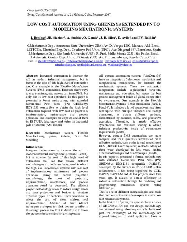 (PDF) LOW COST AUTOMATION USING GHENESYS EXTENDED PN TO MODELING MECHATRONIC SYSTEMS