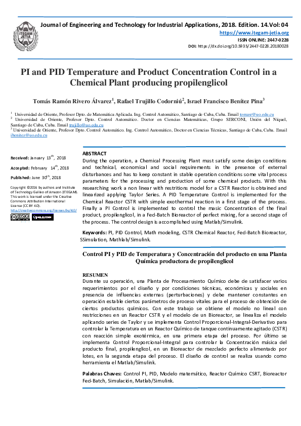 (PDF) PI and PID Temperature and Product Concentration Control in a ...