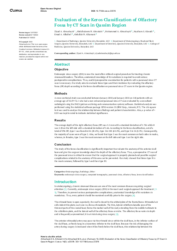 (PDF) Evaluation of the Keros Classification of Olfactory Fossa by CT ...