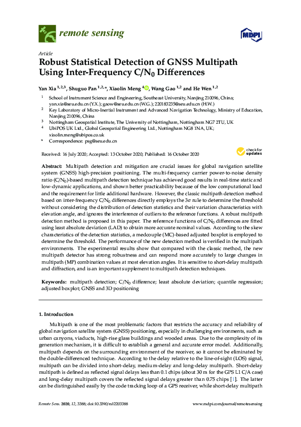 Pdf Robust Statistical Detection Of Gnss Multipath Using Inter Frequency C N0 Differences