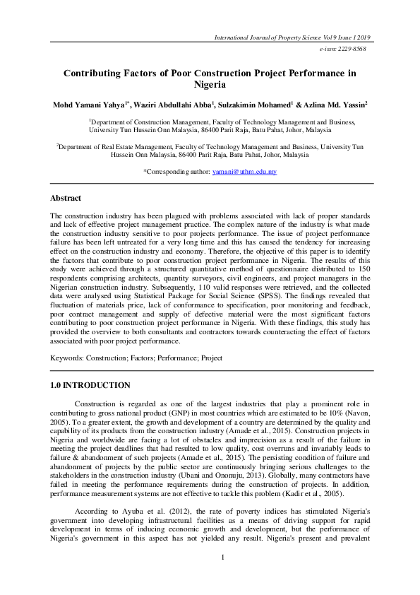 (PDF) Contributing Factors of Poor Construction Project Performance in ...