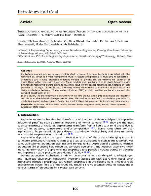 (PDF) Article Open Access THERMODYNAMIC MODELING OF ASPHALTENE ...