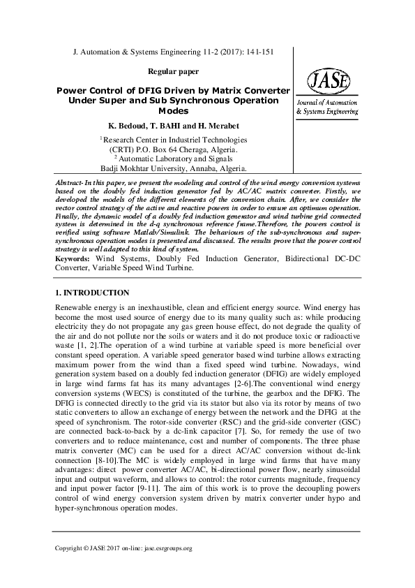 (PDF) Power Control of DFIG Driven by Matrix ConverterUnder Super and ...