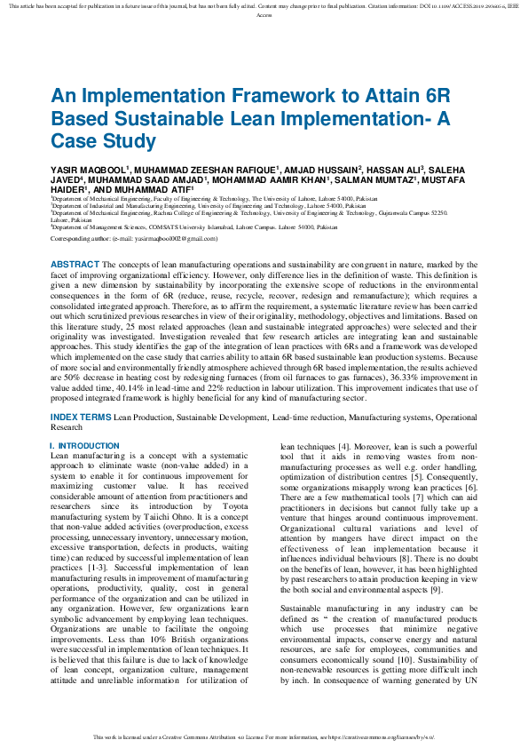 (PDF) An Implementation Framework to Attain 6R Based Sustainable Lean Implementation-A Case Study