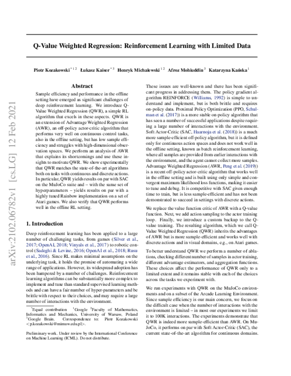 (PDF) Q-Value Weighted Regression: Reinforcement Learning with Limited ...