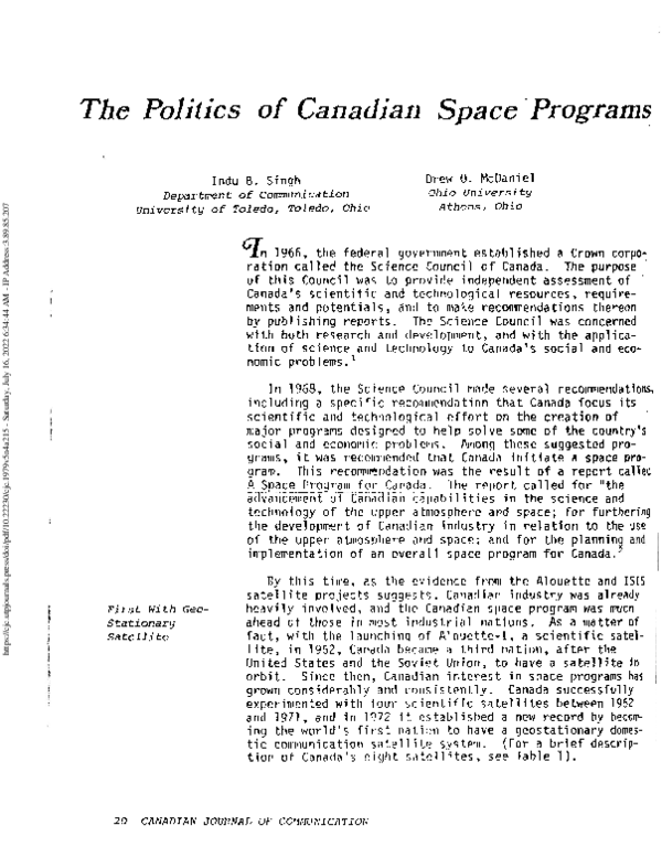 (PDF) The Politics of Canadian Space Programs