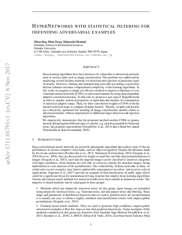 (PDF) HyperNetworks with statistical filtering for defending adversarial examples